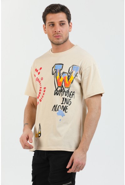 Quilez Unisex Taş Renk W Baskılı Oversize T-Şhirt