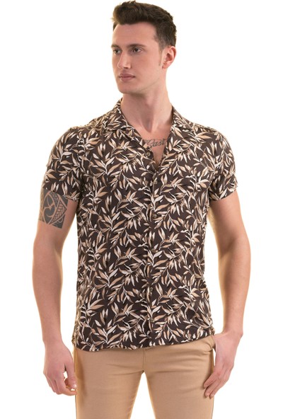 Exve Exclusive Kahve Beyaz Krem Yapraklı Viskon Nefes Alan Slim Fit Kısa Kollu Erkek Gömlek Exve Exclusive Kahve Beyaz Krem Yapraklı Viskon Nefes Alan Slim Fit Kısa Kollu Erkek Gömlek