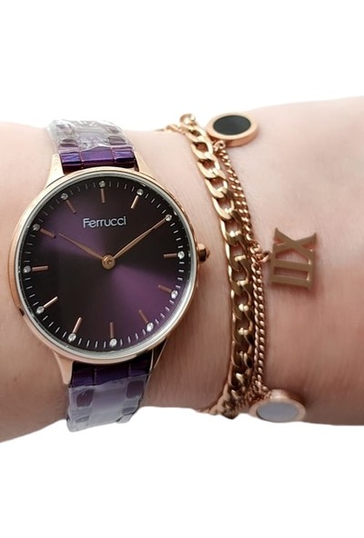 Ferrucci Mor Çelik Kadın Kol Saat ve Çelik Bileklik