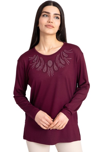 Mutlu City Yeni Sezon 2022 Kadın Orta Yaş ve Üzeri Likralı Yaka Taş Işlemeli Anne Penye Bluz 6270-VIŞNE Çürüğü