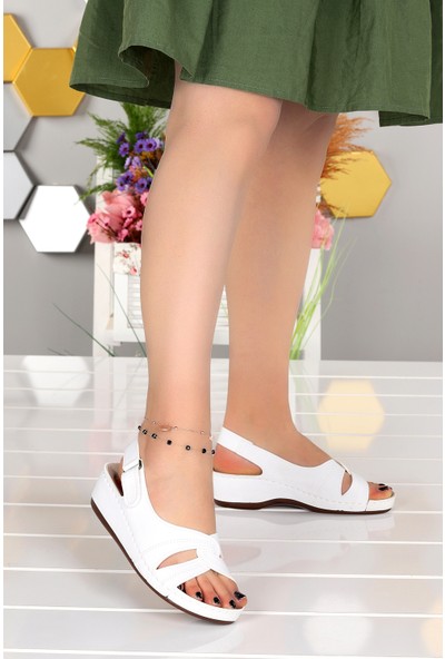 Woggo Ary 09-192 Günlük 5 cm Topuk Jel Bayan Sandalet Terlik Beyaz