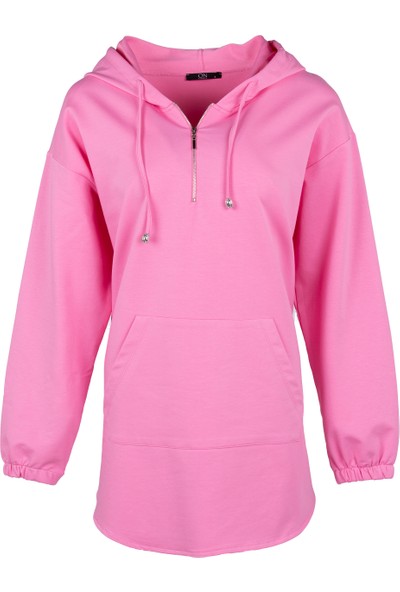 On Kapüşonlu Fermuar Detaylı Sweat Tunik