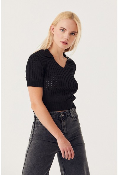 FullaModa Polo Yaka Fitilli Triko Bluz FullaModa Polo Yaka Fitilli Triko Bluz