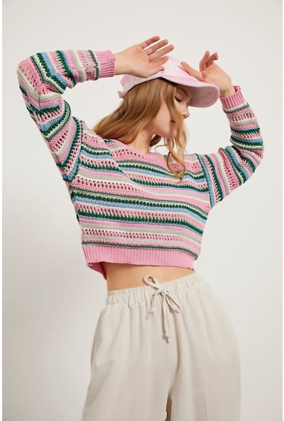 Armalife 1471 Renkli Çizgili Ajurlu Kadın Triko Kazak