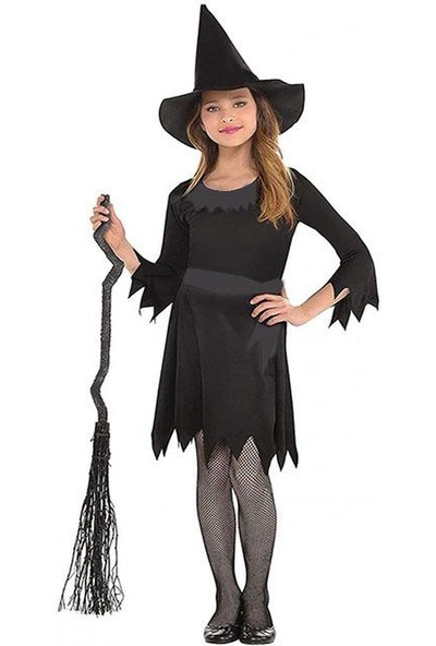 Xnews Siyah Elbiseli Siyah Şapkalı Çocuk Cadı Kostümü