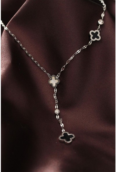 Erbilden Erb Çelik Gümüş Renk Zirkon Taşlı Mineli Yonca Kolye