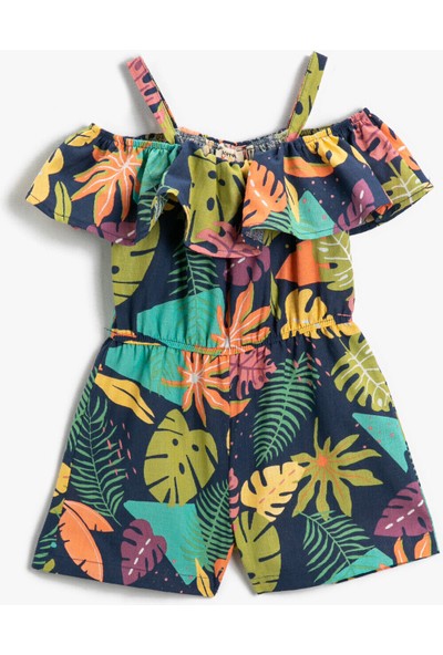 Koton Kayık Yaka Askılı Fırfırlı Kısa Tulum Palmiye Baskılı Pamuklu Koton Kayık Yaka Askılı Fırfırlı Kısa Tulum Palmiye Baskılı Pamuklu