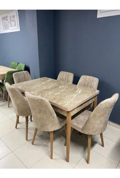 Açılır Yemek Masası 6 Sandalyeli Krem Mermer