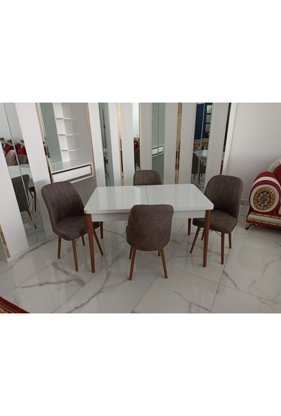 Açılır Yemek Masası 4 Sandalyeli Beyaz Masa Ahşap Ayaklı