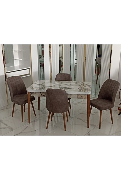 Açılır Yemek Masası 4 Sandalyeli Beyaz Mermer Desen