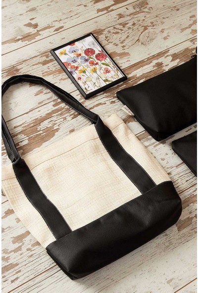 Stil Koleksiyon Stilkoleksiyon Deri Detaylı Keten Dokulu Omuz Çantası,krem - Koyu Kahve,c-3