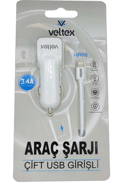 Veltex 3.4A Çift Girişli (Iphone) Kablolu Araç Şarj Aleti Veltex VTX-030