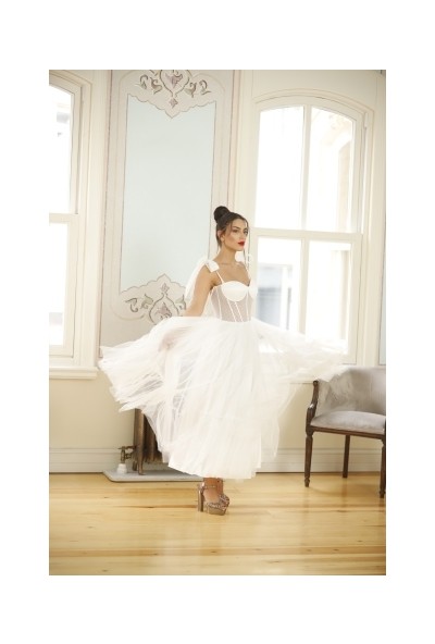 Glamsirius Beyaz Tül Abiye Söz Nişan Nikah Elbisesi Midi Boy