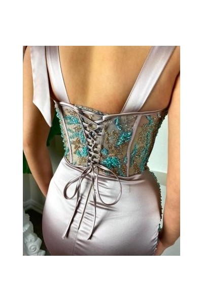 Glamsirius Özel Tasarım Taşlı Abiye Elbise Belden Bağlamalı Korseli