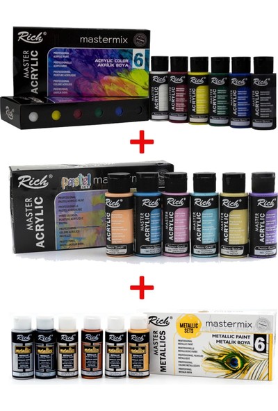 Rich Mastermix Akrilik Boya 60 cc Mega Set 6 Canlı + 6 Pastel + 6 Metalik Renk Rich Mastermix Akrilik Boya 60 cc Mega Set 6 Canlı + 6 Pastel + 6 Metalik Renk