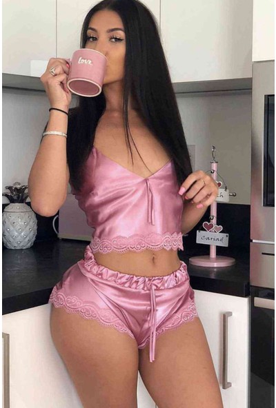 Kontes Underwear Saten Dantelli Şortlu Pijama Takım Pembe