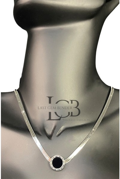 Last Gem Bender Gümüş Ithal Çelik Italyan Zincir Siyah Mine Taşlı Kolye