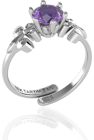 Tek Tarzım Takı Ametist Tek Taşlı Gümüş Yüzük 6 mm Ametist Tektaş Yüzük Ayarlanabilir