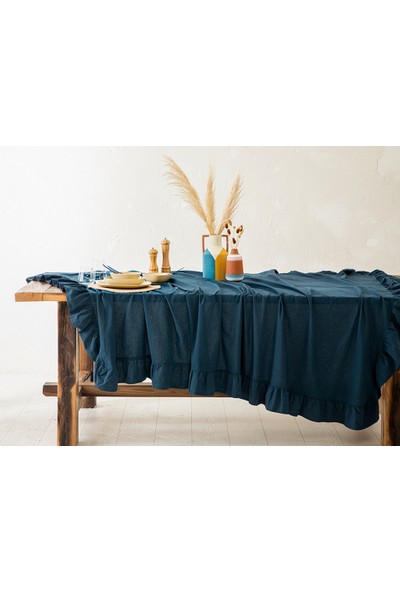 English Home Vague Pamuk Fırfırlı Masa Örtüsü 160 x 240 cm Lacivert