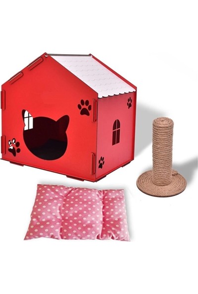 Biomak Pisi Home Kedi Evi Kedi Yatağı ve Kedi Tırmalama Kırmızı