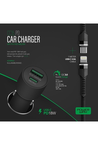 Powerway Pd 18W 3.1A Usb-C / Lightning Kablolu Araç Şarjı Powerway CC35