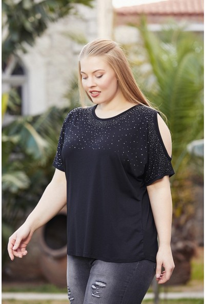 Rmg Kol Yırtmaç Detaylı Taş Işlemeli Büyük Beden Siyah Tişört