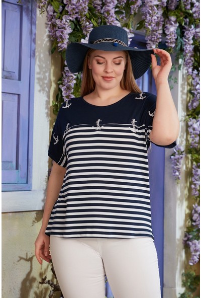Rmg Nakış Detaylı Çizgili Büyük Beden Lacivert Tişört