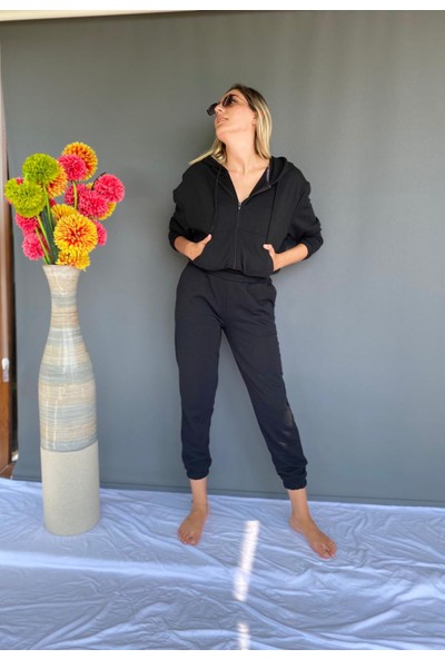 Key Moda Eşofman Takımı Üst Fermuarlı Alt Paça ve Kemer Lastikli Siyah Renk