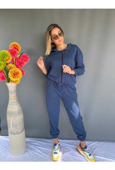 Key Moda Eşofman Takımı Üst Fermuarlı Alt Paça ve Kemer Lastikli Indigo Renk