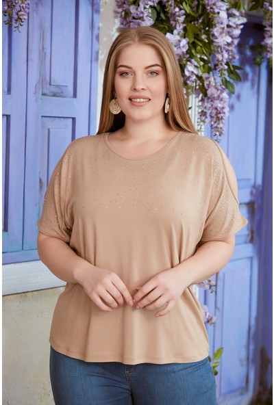 Rmg Kol Yırtmaç Detaylı Taş Işlemeli Büyük Beden Vizon Tişört