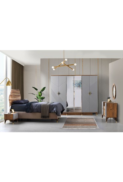 Güney Mobilya Komple Mdf Kuzey 6 Kapaklı Ceviz-Gri Yatak Odası Takımı Ücretsiz Montaj