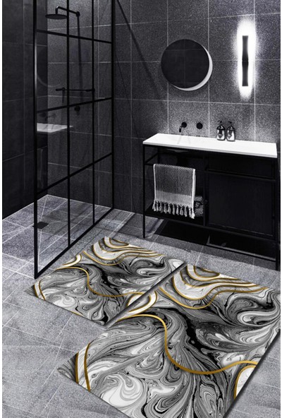 Woolly Halı Gümüş-Gold Ebru Desenli 2'li Halı Takımı (60X100/40X60) - WL1326 Woolly Halı Gümüş-Gold Ebru Desenli 2'li Halı Takımı (60X100/40X60) - WL1326