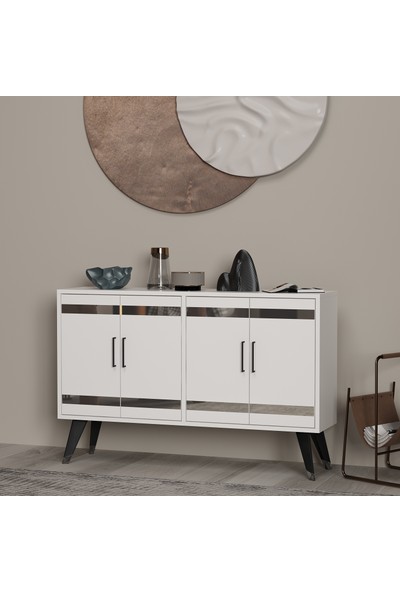 Zerka Concept Mondeo Konsol Tv Sehpası Tv Ünitesi Gümüş Pleksi Detaylı Beyaz Konsol