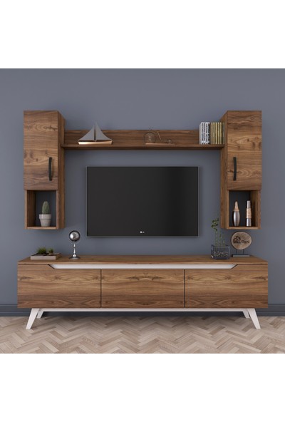 Rani D1 Duvar Raflı Tv Ünitesi Kitaplıklı Tv Sehpası Duvara Monte Raflı Modern Ayaklı 180 cm Minyatür Ceviz - Beyaz M27 Rani D1 Duvar Raflı Tv Ünitesi Kitaplıklı Tv Sehpası Duvara Monte Raflı Modern Ayaklı 180 cm Minyatür Ceviz - Beyaz M27