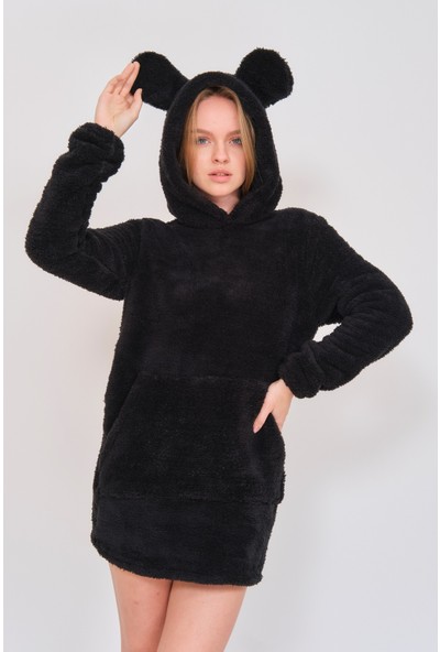 Vualist Kadın Siyah Kapüşonlu Teddy Peluş Sweatshirt Oversize Yumuşacık Vualist Kadın Siyah Kapüşonlu Teddy Peluş Sweatshirt Oversize Yumuşacık