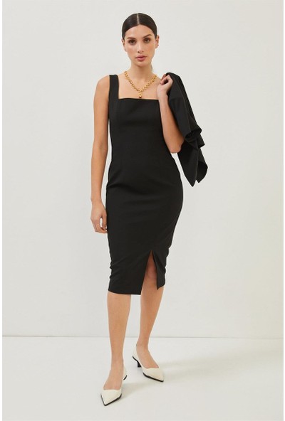 Setre Siyah Kısa Kol Kare Yaka Ceket Yırtmaçlı Elbise Takım Setre Siyah Kısa Kol Kare Yaka Ceket Yırtmaçlı Elbise Takım