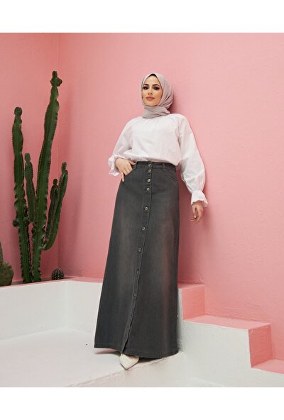 Neways Düğmeli Kot Etek Koyu Gri Neways 2079-2