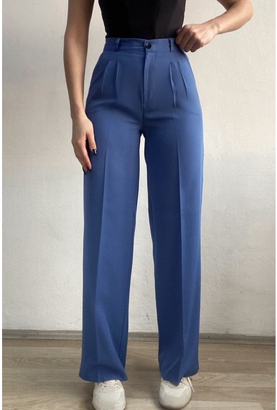 Eka Yüksek Bel Palazzo Kumaş Koyu Indigo Pantolon