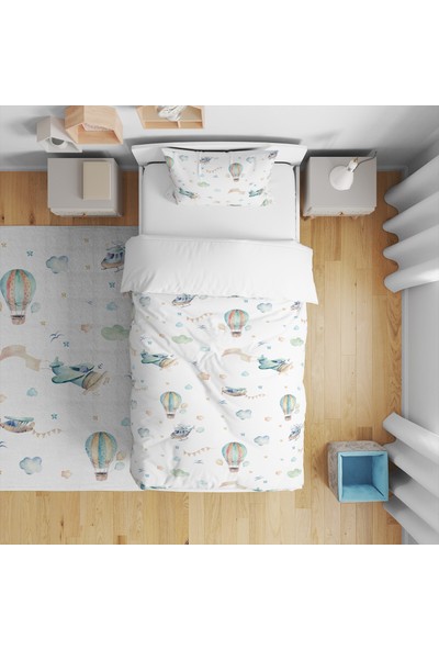 Karnaval Gökyüzündeki Balonlar ve Helikopter Desenli Tek Kişilik Çocuk Nevresimi