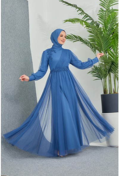 Moda Echer Tesettür Abiye Elbise Tül Dantel Aksesuarlı 7652