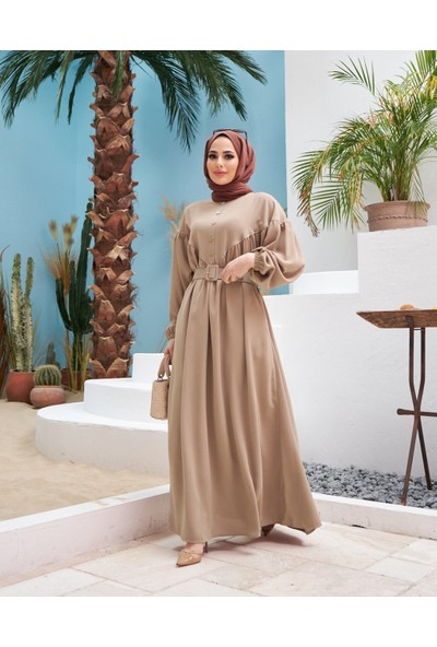 Neways Kemerli Düğmeli Elbise Bej 6586