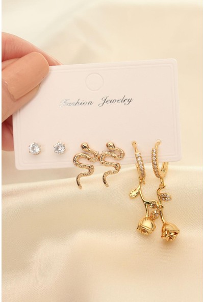 Kırmızı Papyon Çelik Zirkon Taşlı Yılan ve Gül Detay Küpe Seti