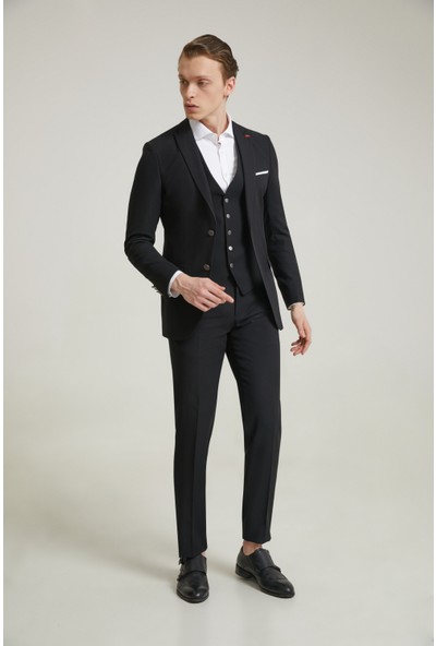 TWN Slim Fit Siyah Armürlü Yelekli Takım Elbise