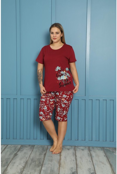 Seboteks Çiçekli Kısa Kol Pamuklu Büyük Beden Kapri Pijama Takımı 20531