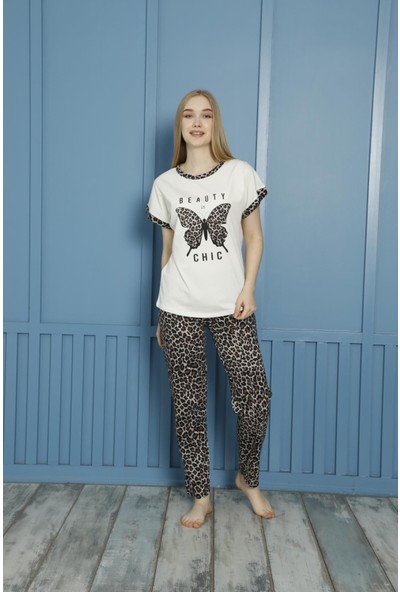 Seboteks Leopar Desen Kelebek Baskılı Kısa Kol Pamuklu Kadın Pijama Takımı 20528 Seboteks Leopar Desen Kelebek Baskılı Kısa Kol Pamuklu Kadın Pijama Takımı 20528