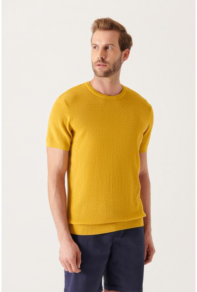 AVVA Erkek Hardal Bisiklet Yaka Jakarlı Kazak E005010