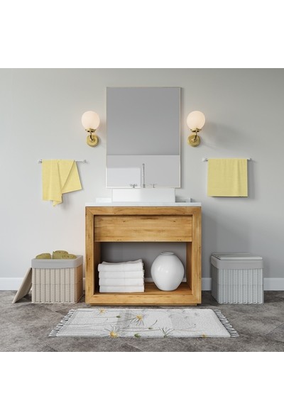 Banyo Paspası Papatya Desenli Dijital Baskılı 50X80 Püsküllü Polyester Kaymaz Tabanlı Duş Paspası