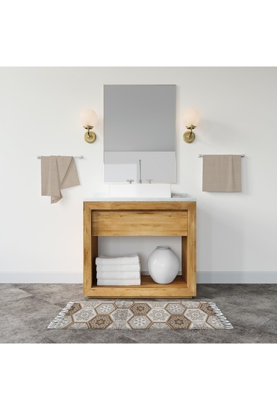 Banyo Paspası Mozaik Desenli Kahverengi Baskılı 50X80 Püsküllü Polyester Kaymaz Tabanlı Duş Paspası