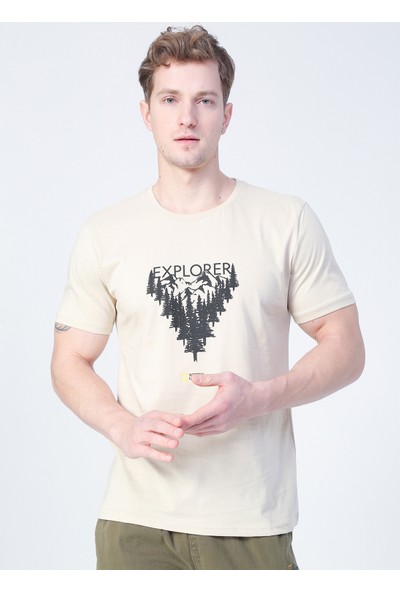 National Geographic Lorer Bisiklet Yaka Regular Fit Baskılı Bej Erkek T-Shirt