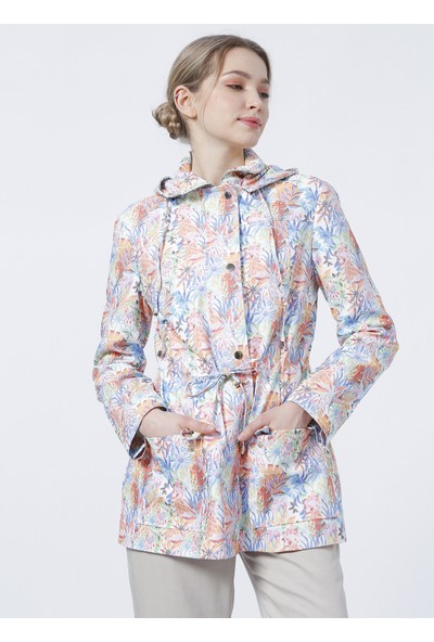 Selen Dik Yaka Standart Kalıp Çiçek Desenli Ekru Kadın Trençkot - 22YSL9150 Selen Dik Yaka Standart Kalıp Çiçek Desenli Ekru Kadın Trençkot - 22YSL9150